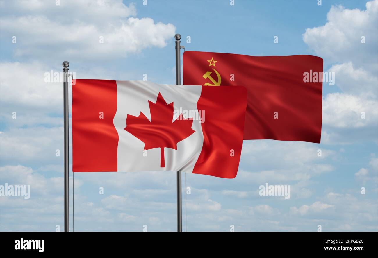 Soviet Union or USSR and Canada flag waving together in the wind on ...
