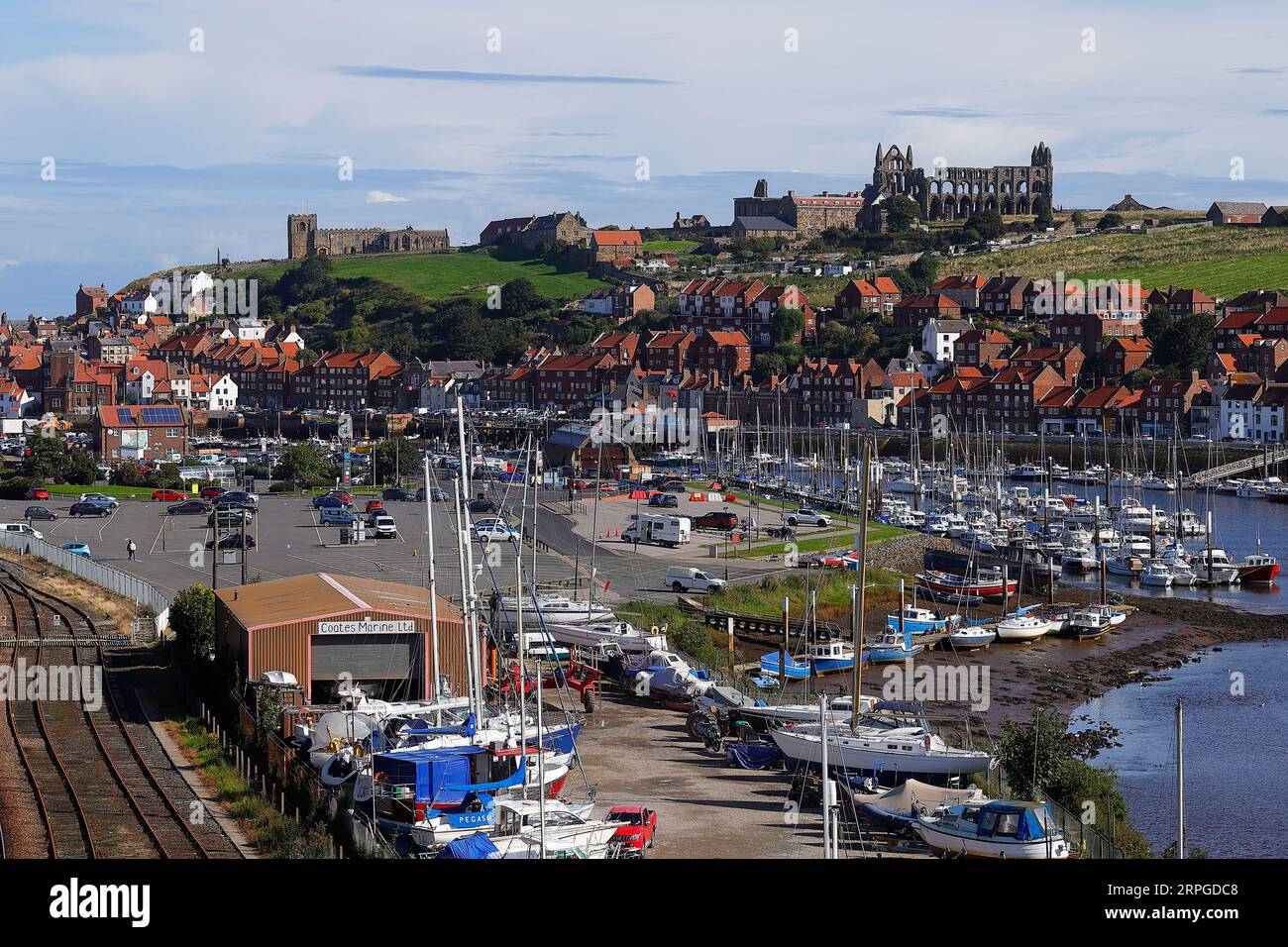 A view of Whitby and the harbour on the River Esk from the A171 Stock ...