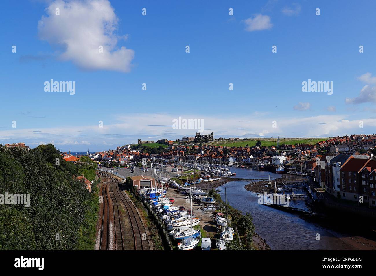 A view of Whitby and the harbour on the River Esk from the A171 Stock ...