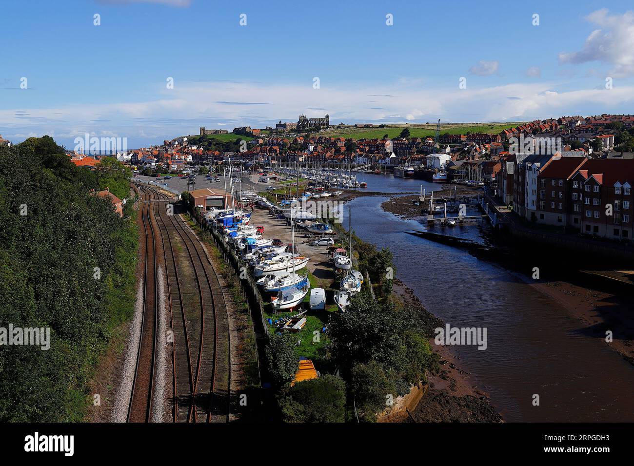 A view of Whitby and the harbour on the River Esk from the A171 Stock ...