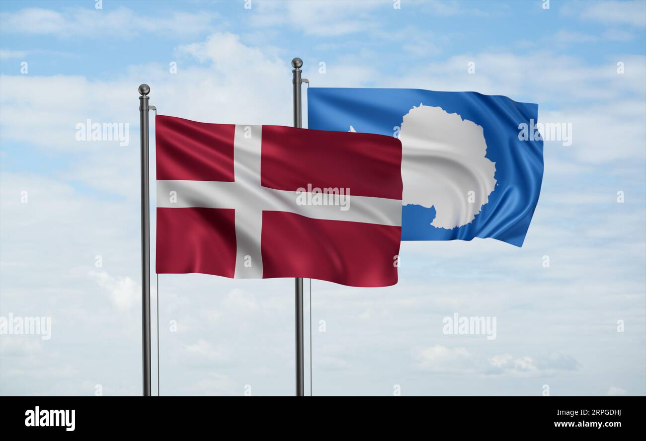 Denmark flag and Antarctica flag waving together in the wind on blue ...