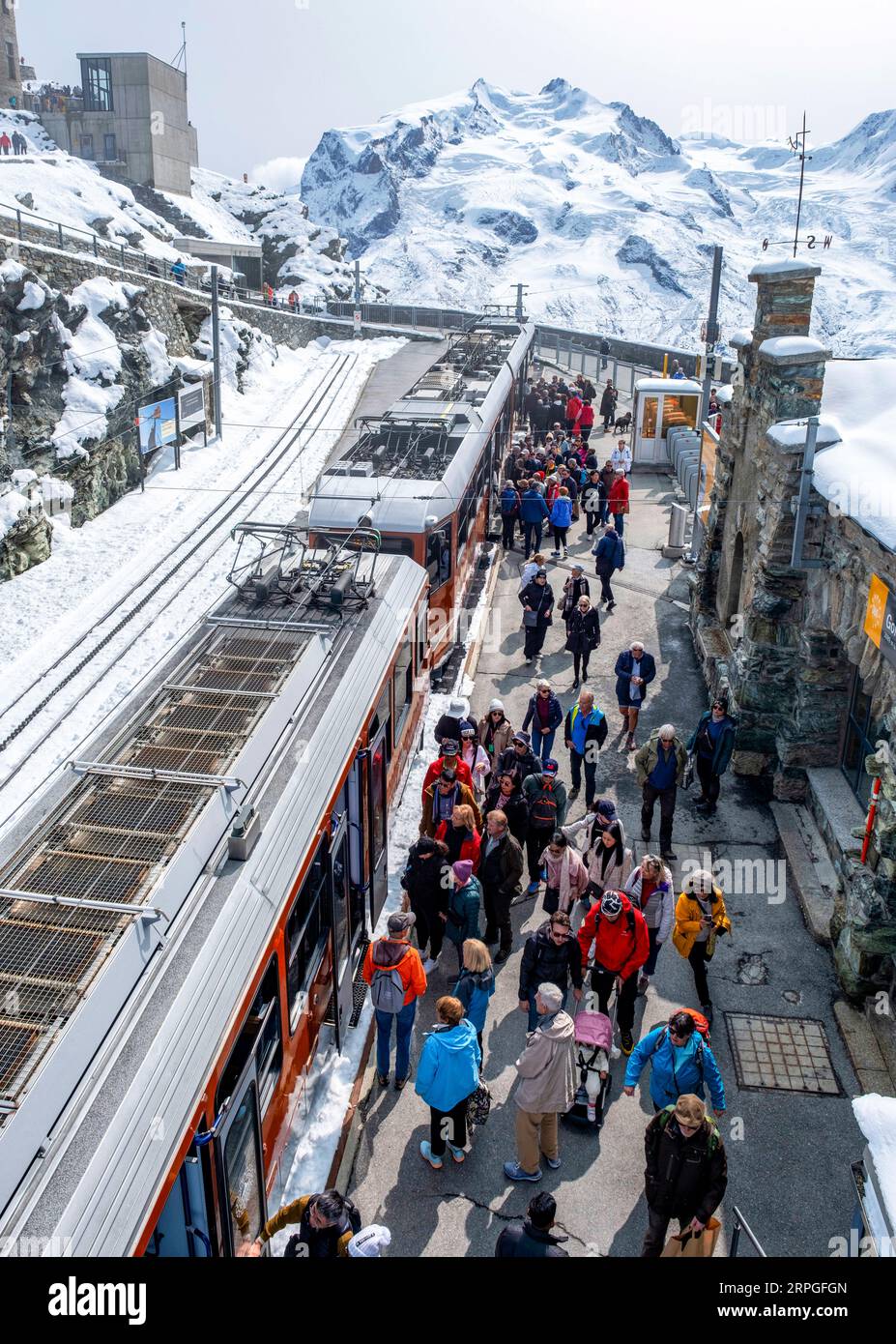 The Gornergrat Bahn cogwheel train at the Gornergrat Station, Canton of ...