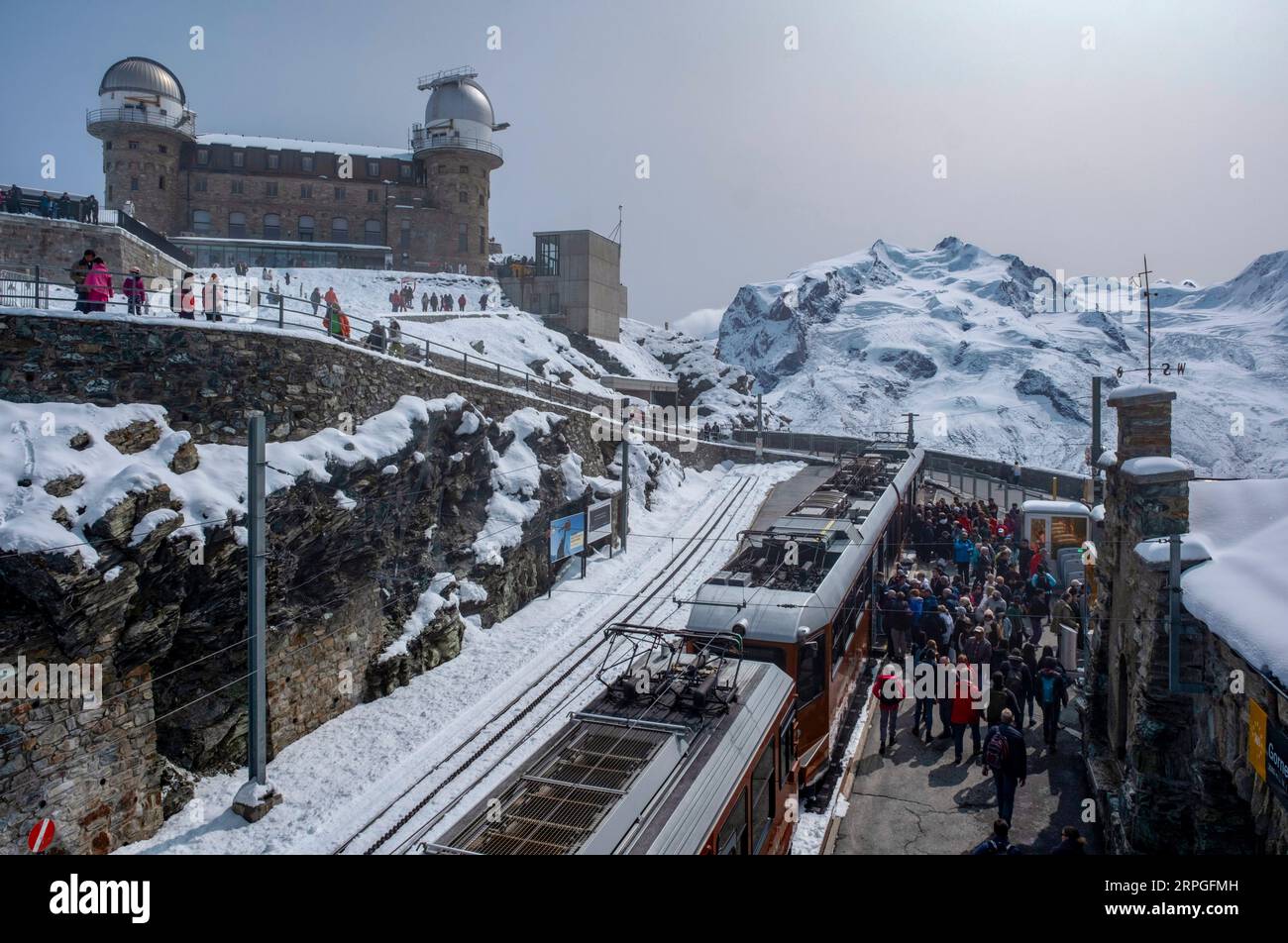 The Gornergrat Bahn cogwheel train at the Gornergrat Station, Canton of ...