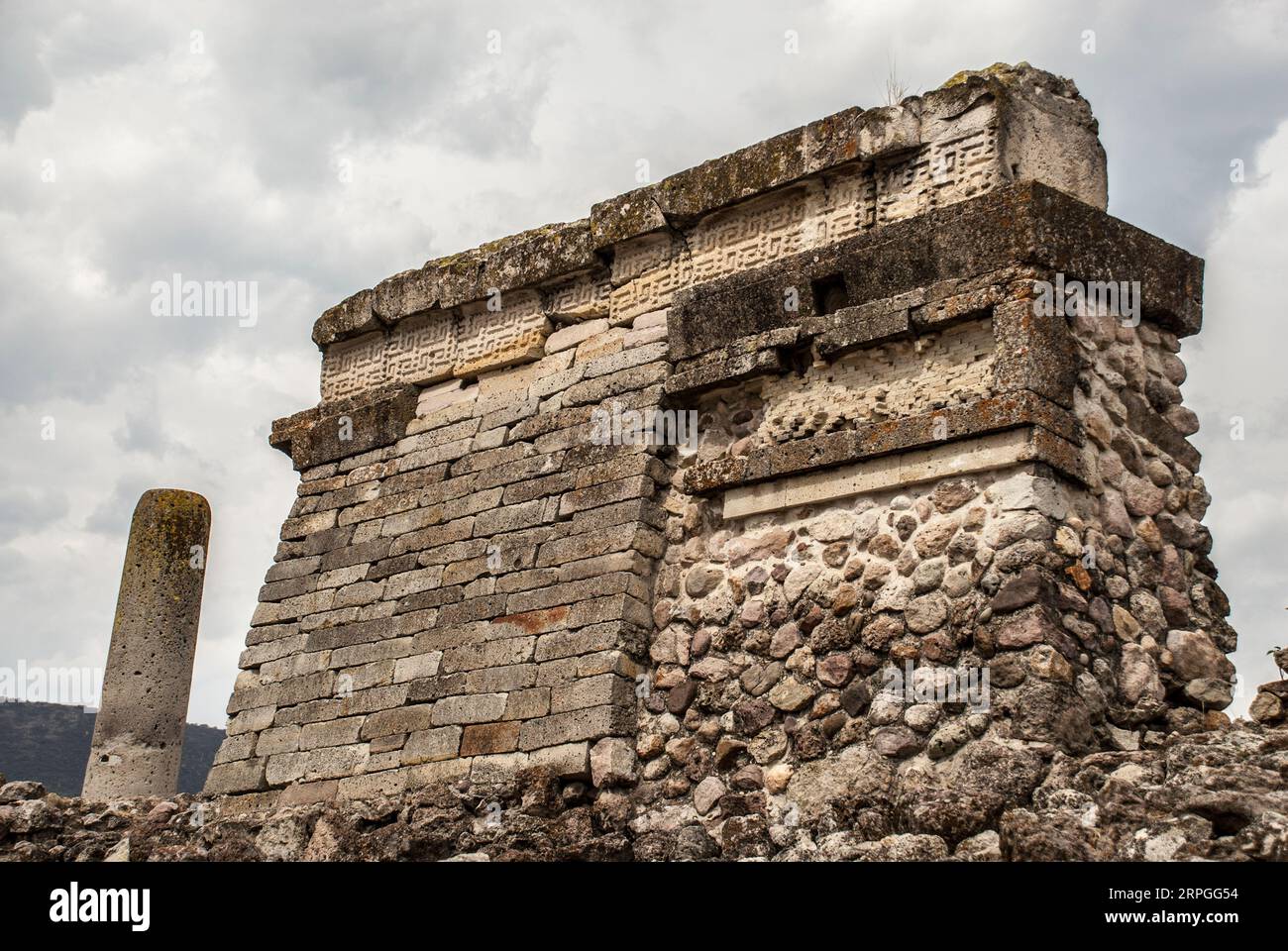 A wall of the archaeological site of Mitla. A touristic archeological ...