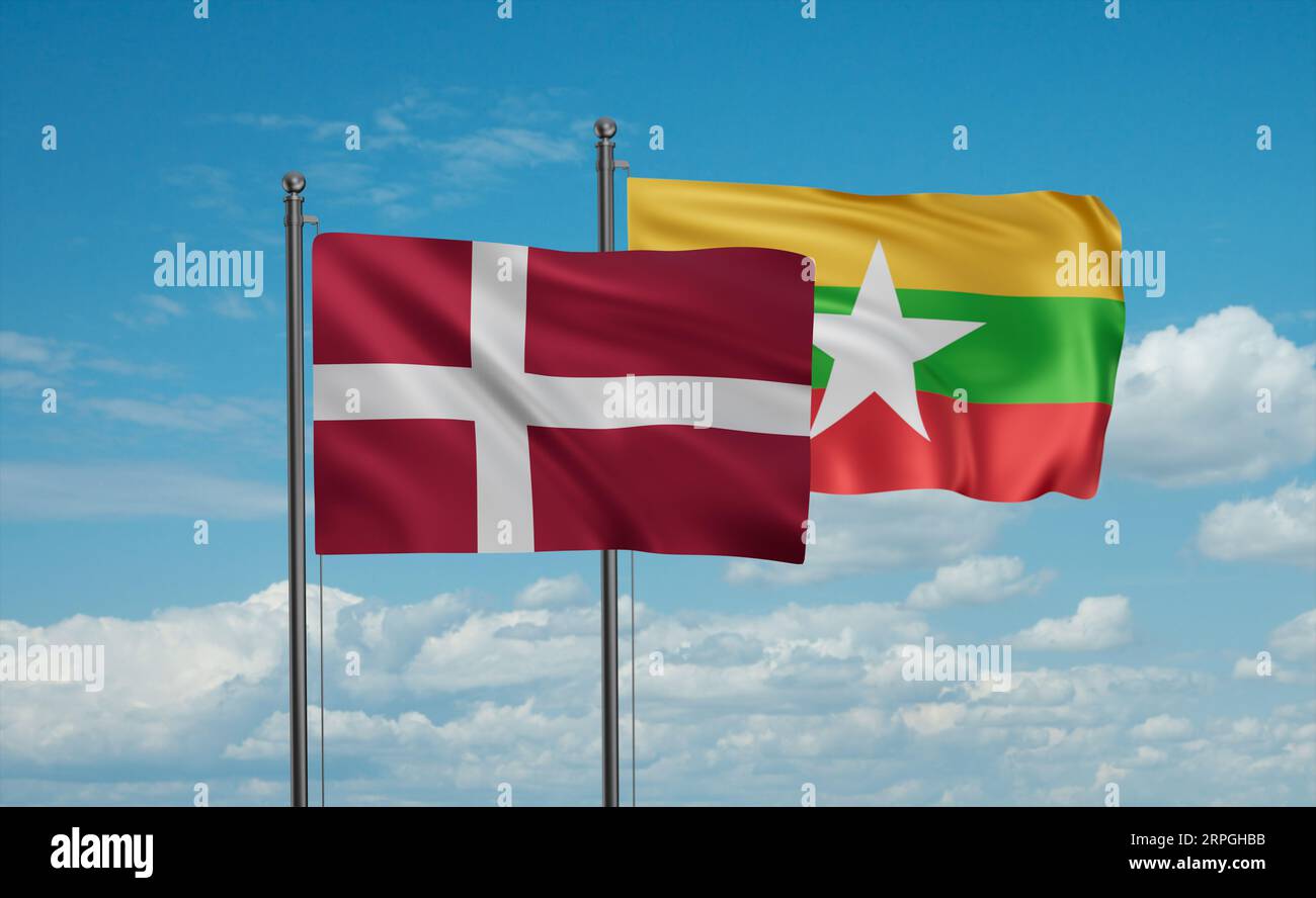 Myanmar aka Burma flag and Denmark flag waving together on blue sky ...