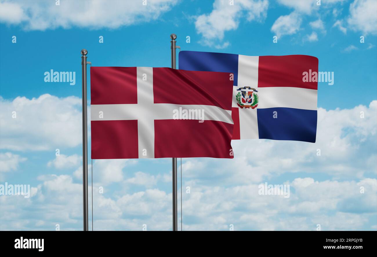Dominican Republic flag and Denmark flag waving together on blue sky ...