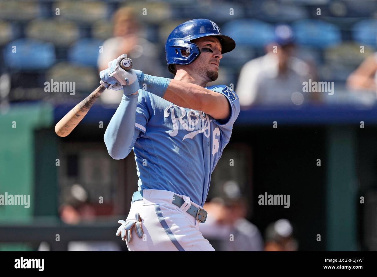 Kansas City Royals' Drew Waters watches his RBI single during the fifth ...