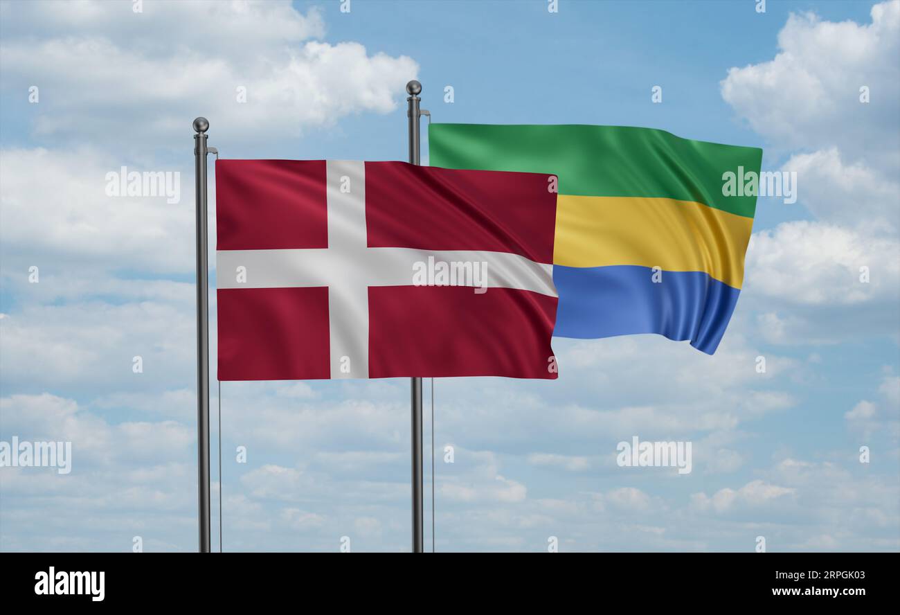 Gabon flag and Denmark flag waving together on blue sky, two country ...
