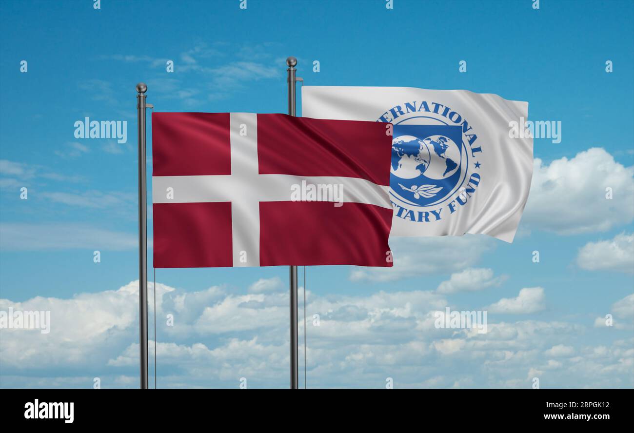 IMF International Monetary Fund flag and Denmark flag waving together ...
