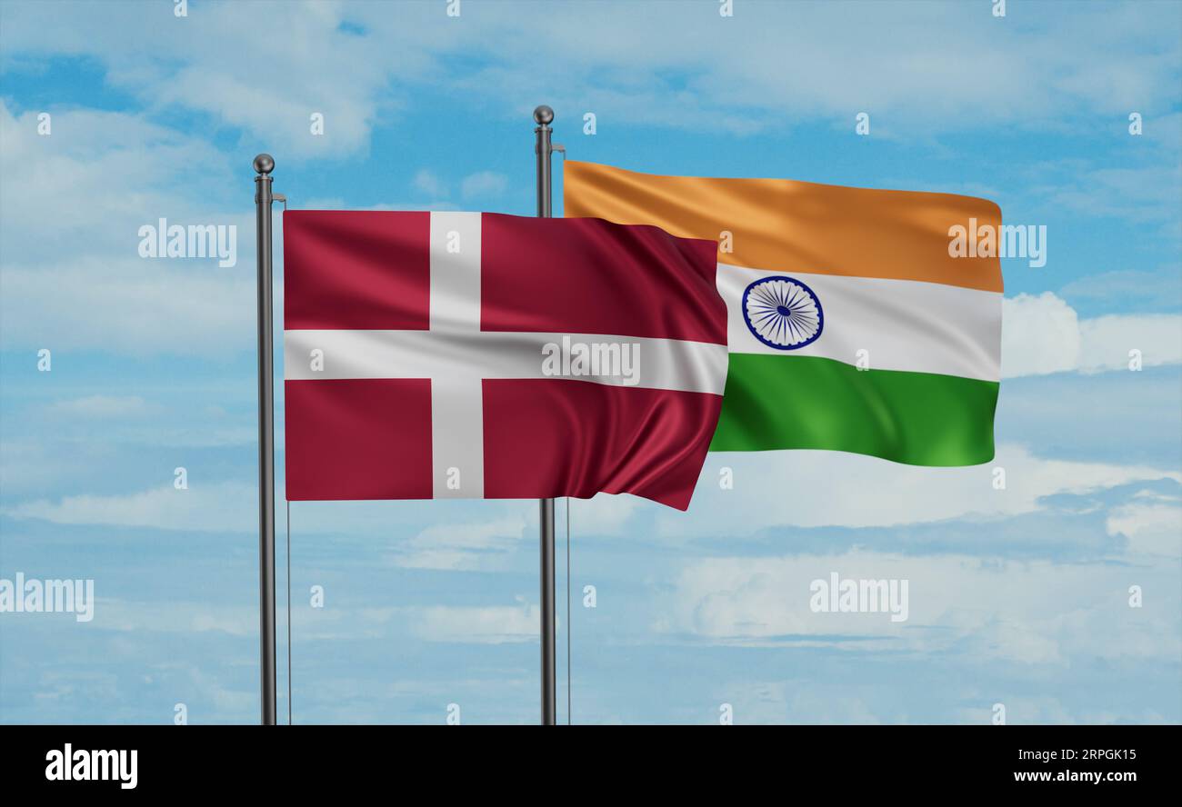 India flag and Denmark flag waving together on blue sky, two country ...