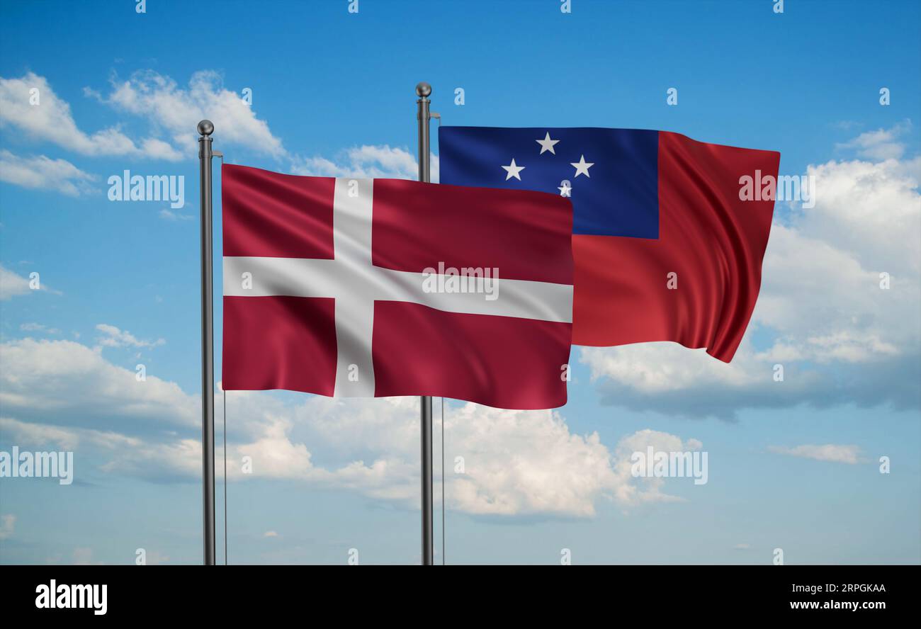 Samoa and Denmark flag waving together in the wind on blue sky, two ...