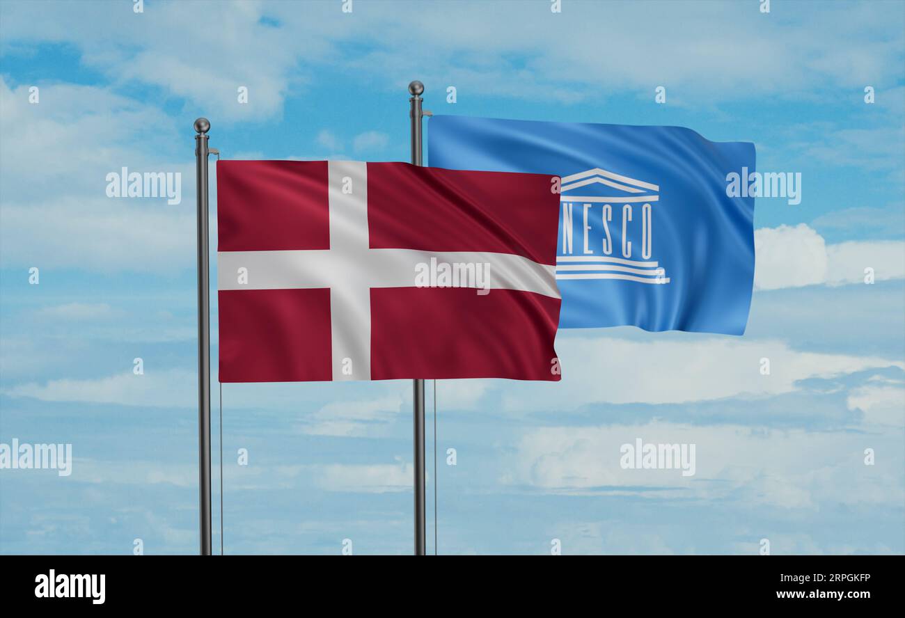 UNESCO and Denmark flag waving together in the wind on blue sky Stock ...