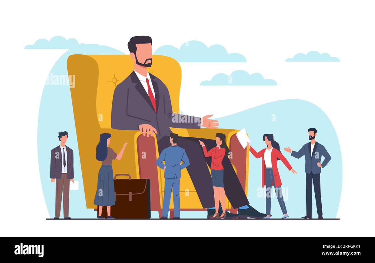 Big boss is sitting in chair with little people walking around ...