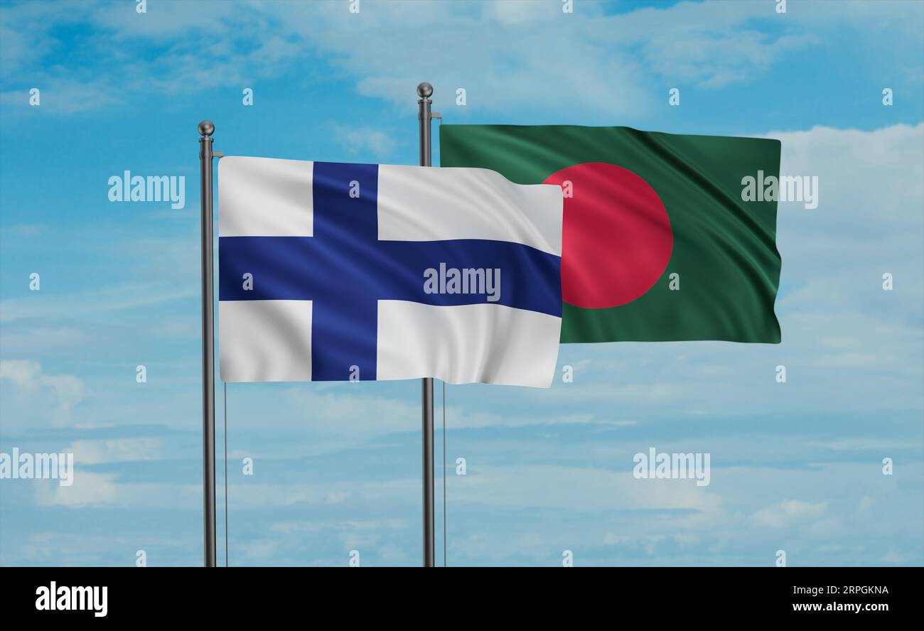 Bangladesh flag and Finland flag waving together on blue sky, two ...