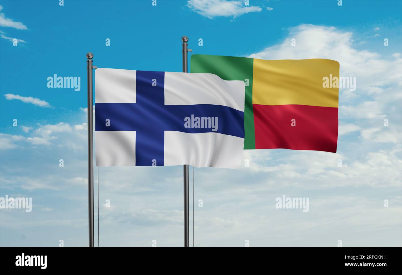 Benin flag and Finland flag waving together on blue sky, two country cooperation concept Stock ...