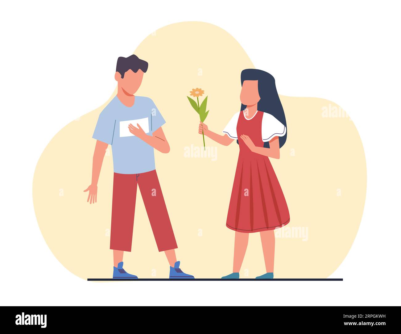 Girl gives flower to an embarrassed boy. First love. Romantic date ...