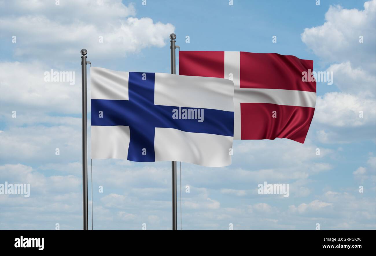 Denmark flag and Finland flag waving together on blue sky, two country ...