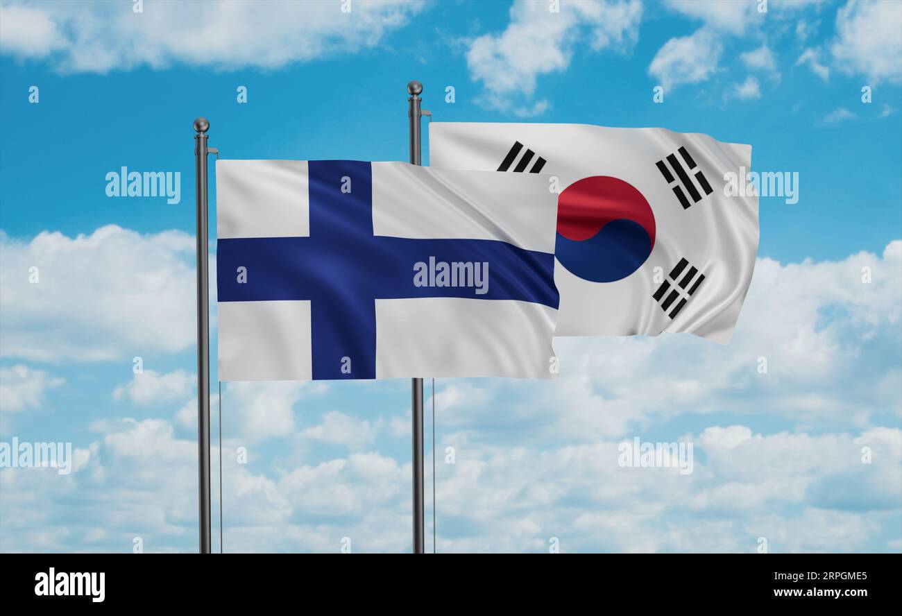 South Korea or Republic of Korea or ROK and Finland flag waving ...