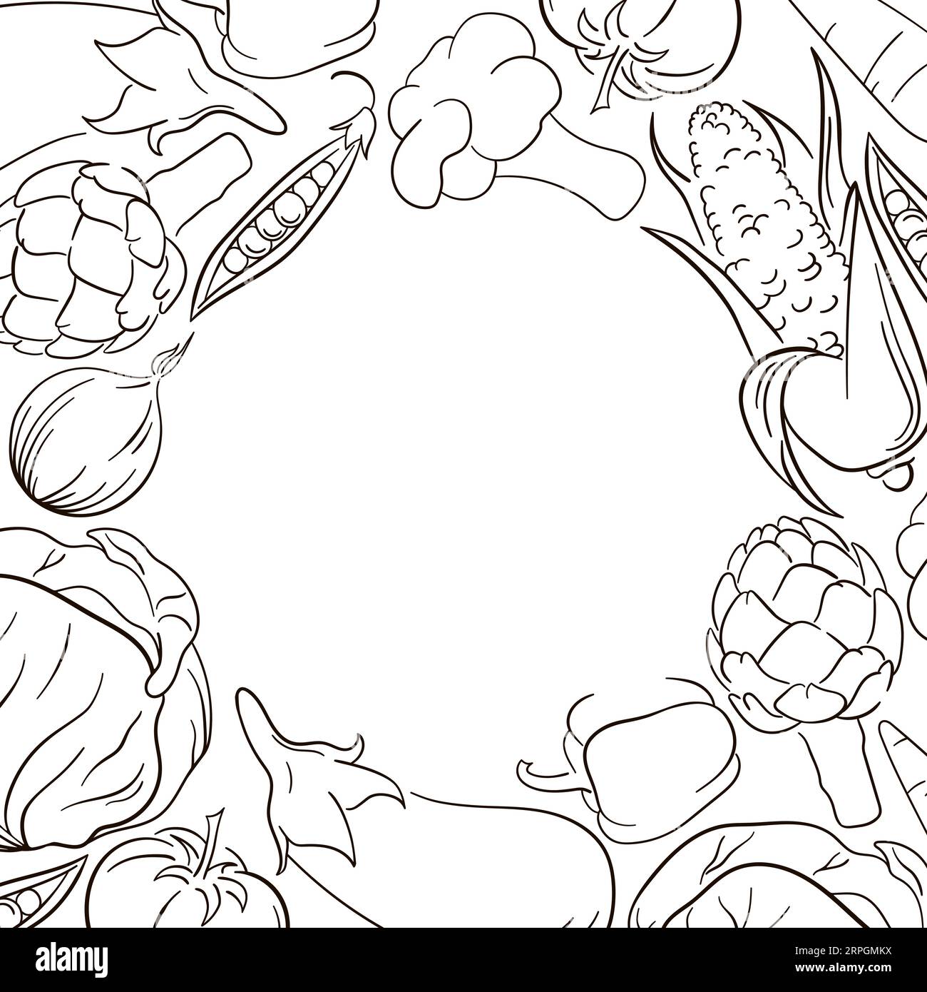 Vegetables frame design. Circle Frame. Frame with organic food line art ...