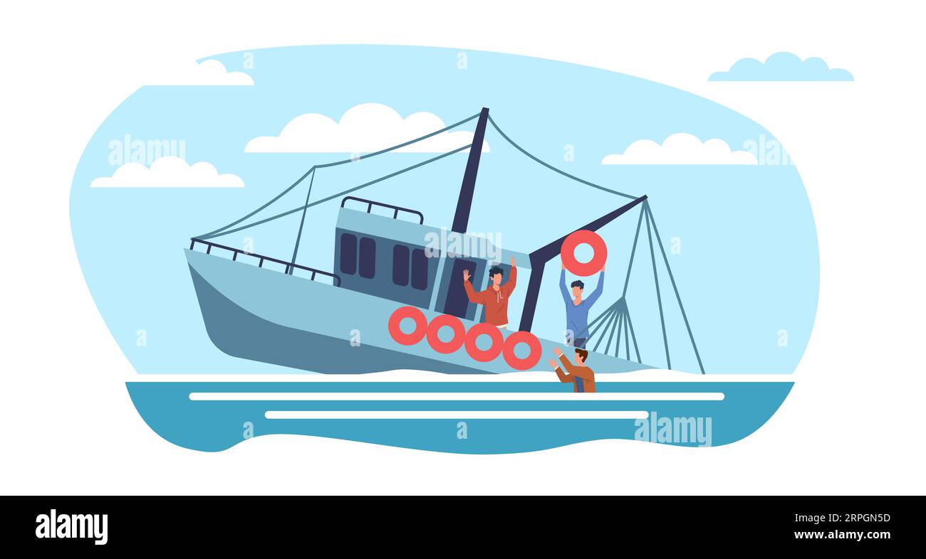 Fishing boat sinks in ocean, crew tries to escape. Catastrophe in sea ...