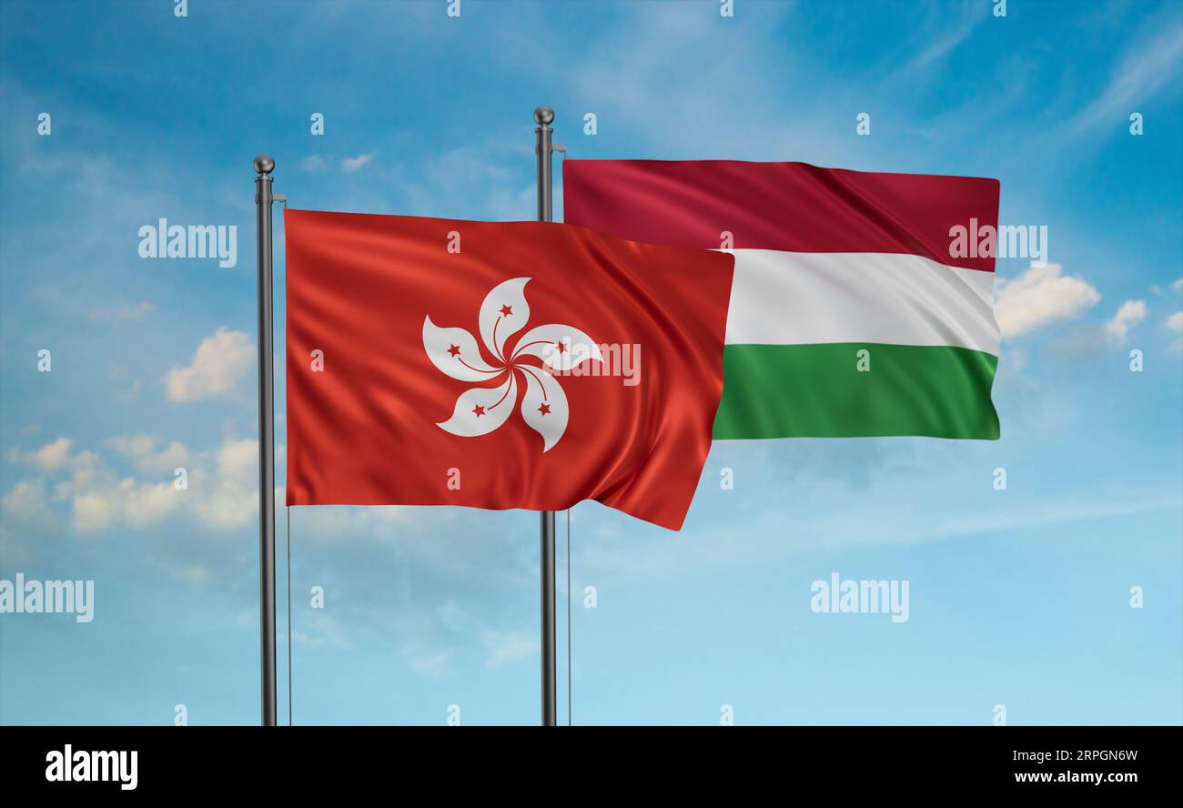 Hungary flag and Hong Kong flag waving together on blue sky, two ...