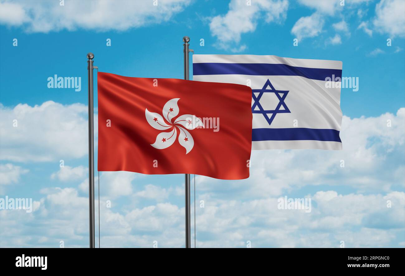 Israel flag and Hong Kong flag waving together on blue sky, two country ...