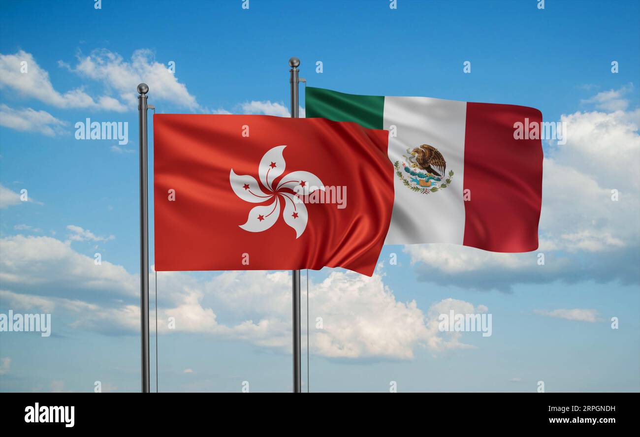 Mexico flag and Hong Kong flag waving together on blue sky, two country ...