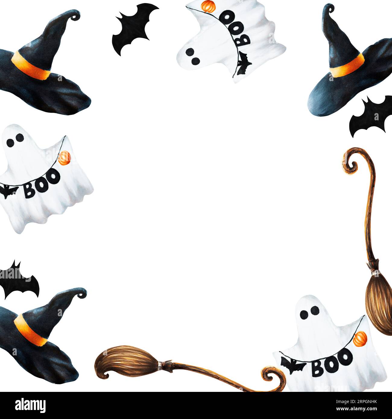 Watercolor halloween frame with witch's brooms, cute ghost, bat and hat ...