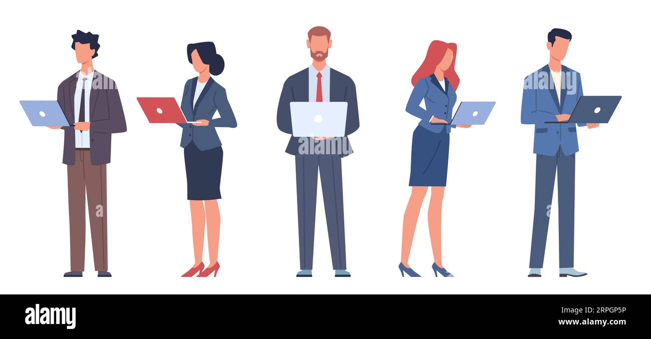 Set of businessman working holding laptops. Men and women in business ...