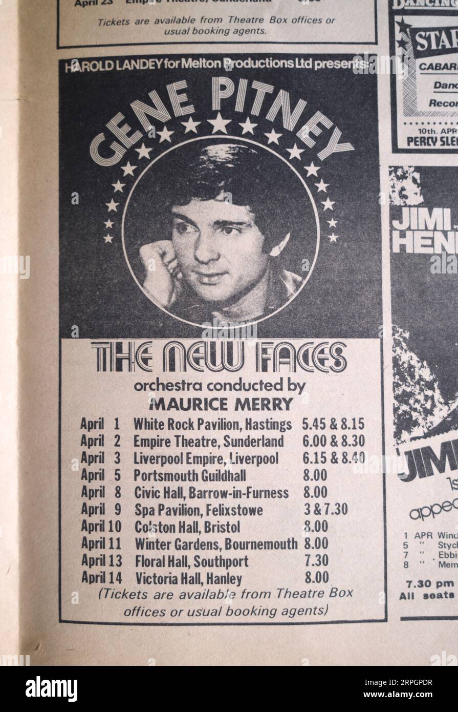 Advert for Gene Pitney tour dates in 1970s New Music Express NME Stock ...