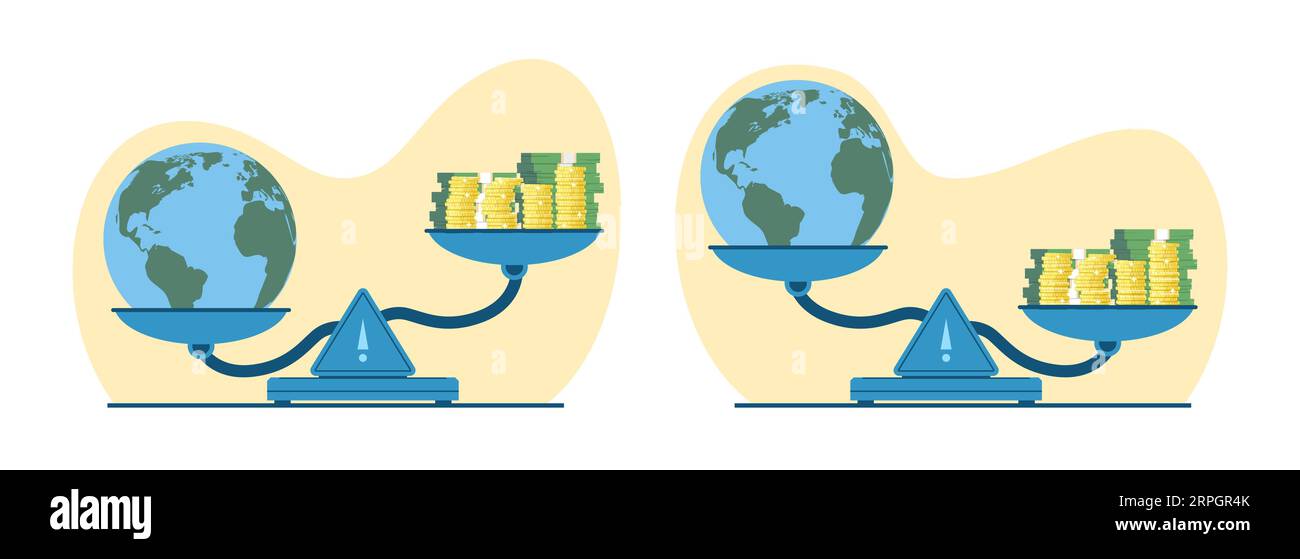 Money and planet Earth on scales. Stack of currency and globe balance ...