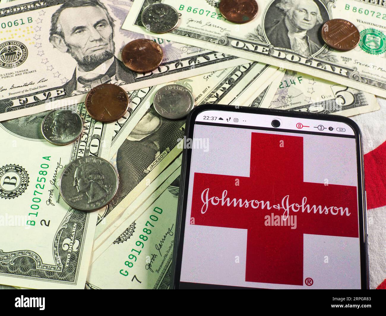 In this photo illustration, Johnson & Johnson logo is seen displayed on ...