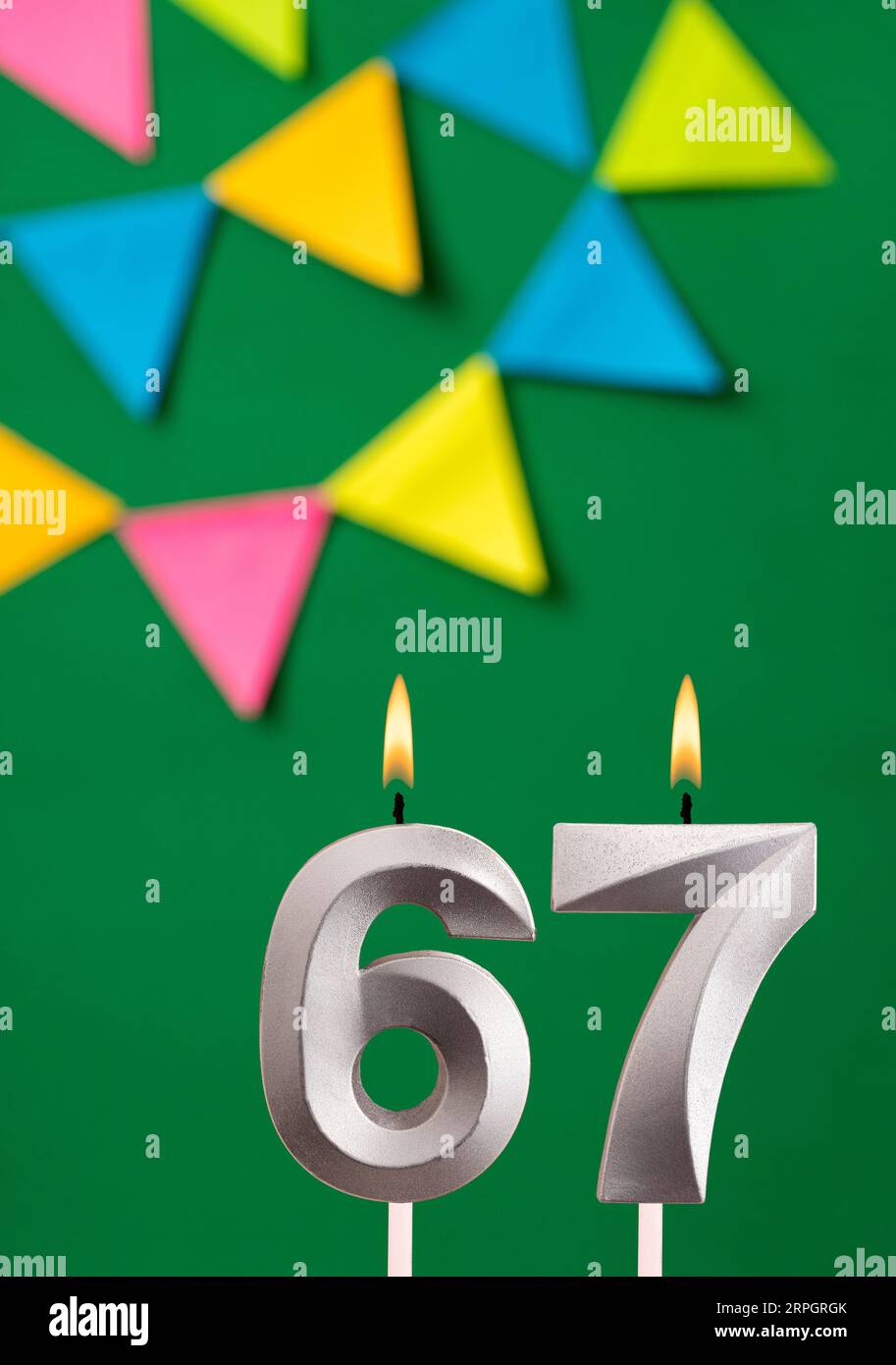 Candle number 67 birthday - Green anniversary card with pennants Stock ...