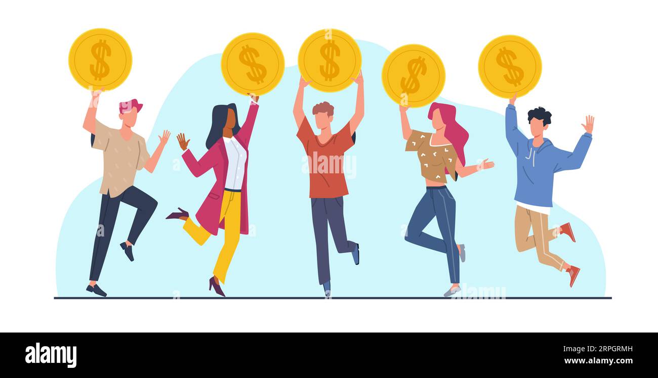 Happy young boys and girls jumping around with gold coins in their ...