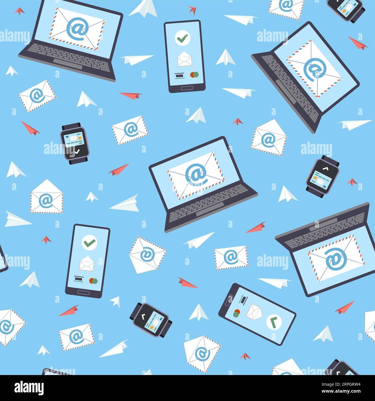 Seamless pattern with notebooks, smart watches, smartphones and letters ...