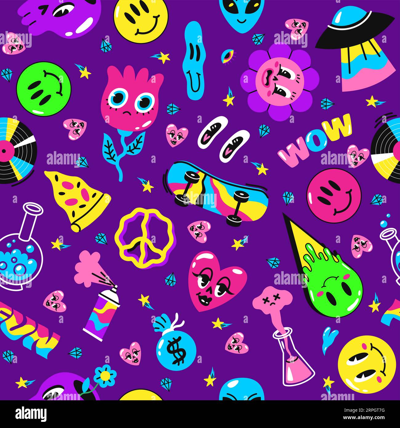 Seamless pattern with abstract designs. Acid colours crazy trippy icons ...