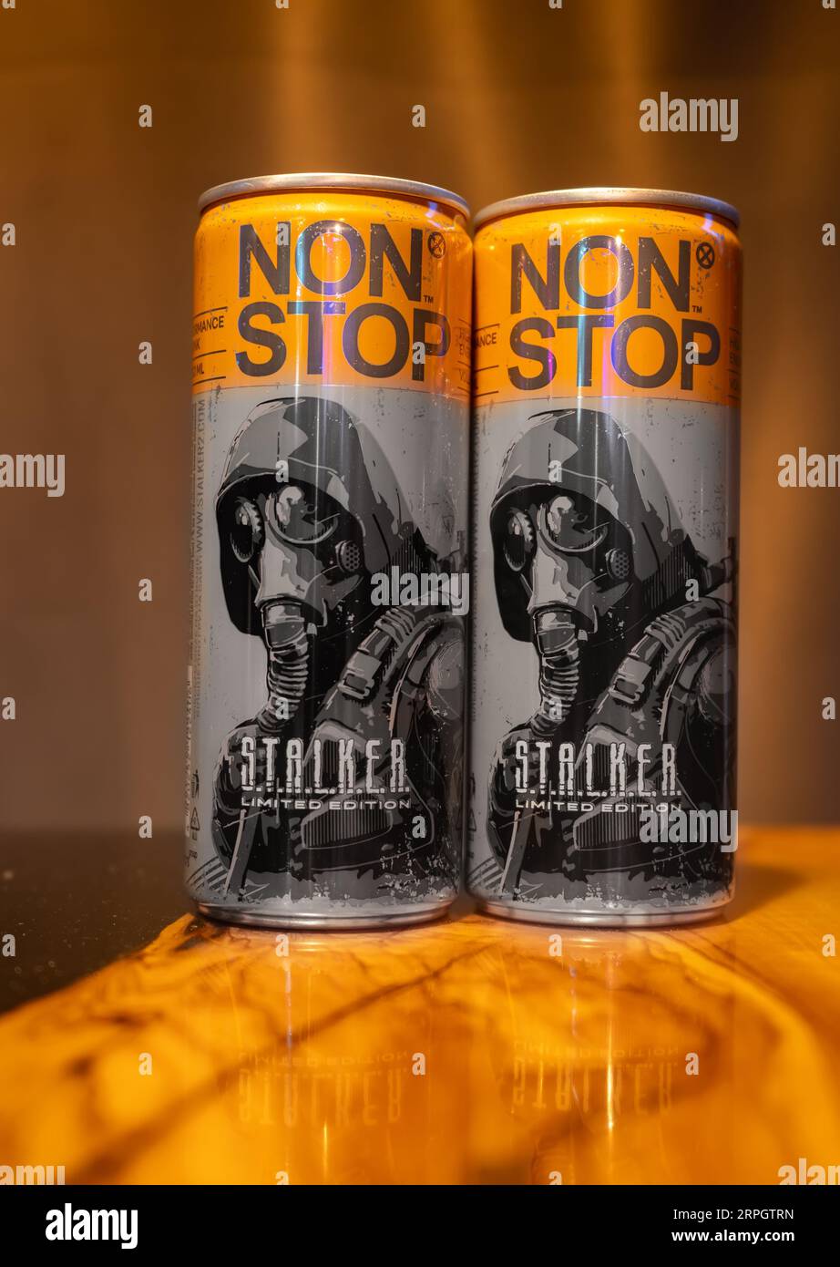 Kyiv, Ukraine - 02 September 2023: Cans Non Stop Stalker energy drink ...