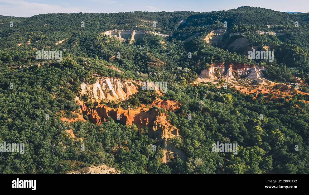 Panoramic view from above on Abstract Rustrel canyon ocher cliffs ...
