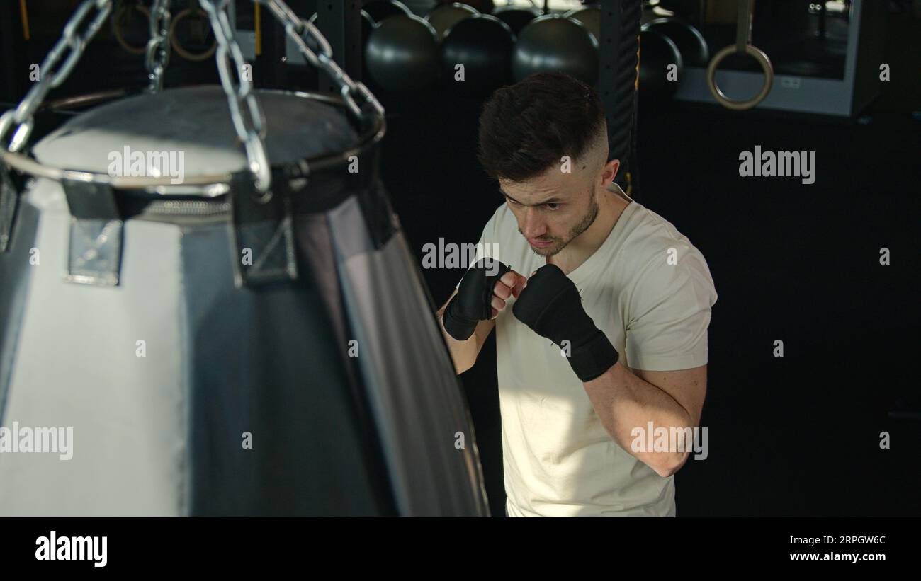 Top view Caucasian boxer champion MMA professional fighter man boxing ...