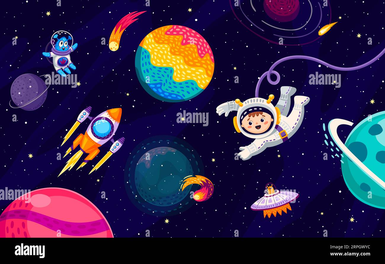 Cartoon kid astronaut, alien, ufo and rocket spaceship at starry galaxy ...