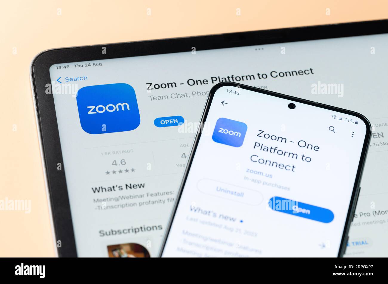 New York, USA - August 24, 2023: Zoom app on Ipados and google store on ...