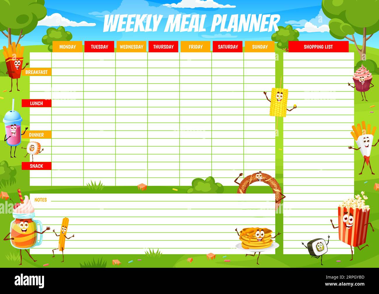 Weekly meal planner, cartoon fast food and desserts characters, vector ...