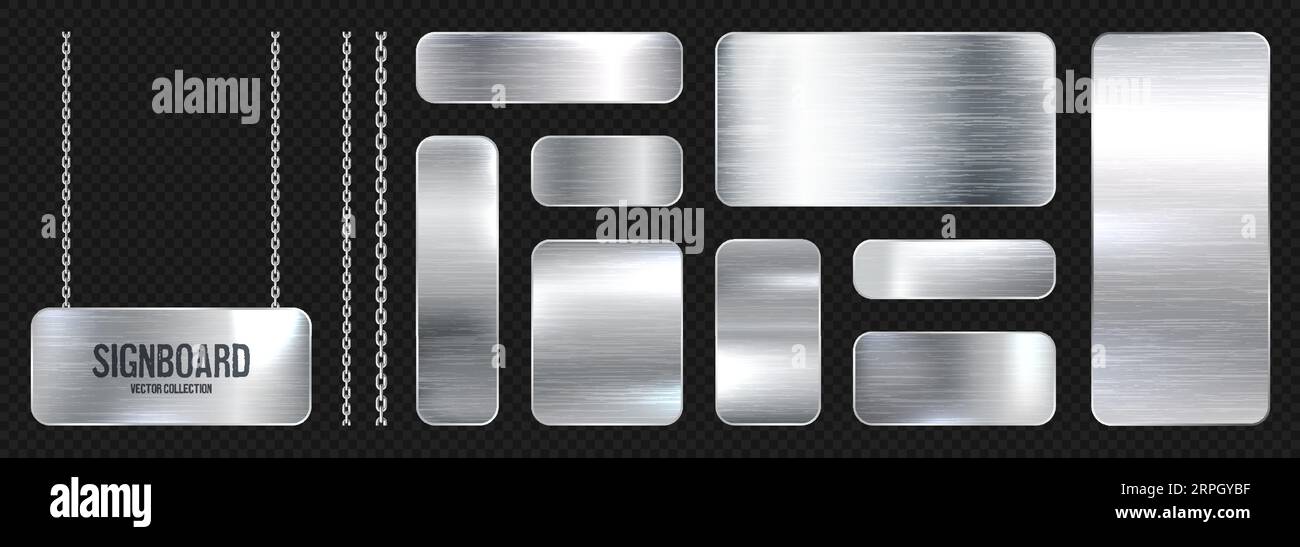 Metal banners hanging on a chain. Realistic shiny steel plate with ...