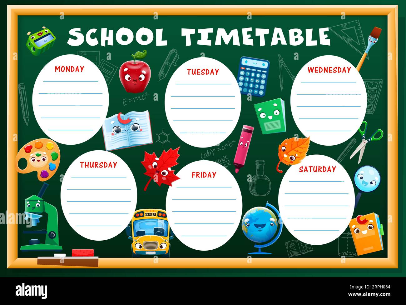 Education timetable schedule with cartoon school stationery characters ...