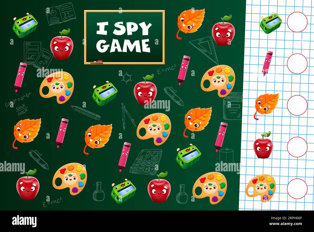 I spy game worksheet, cartoon school stationery characters on ...