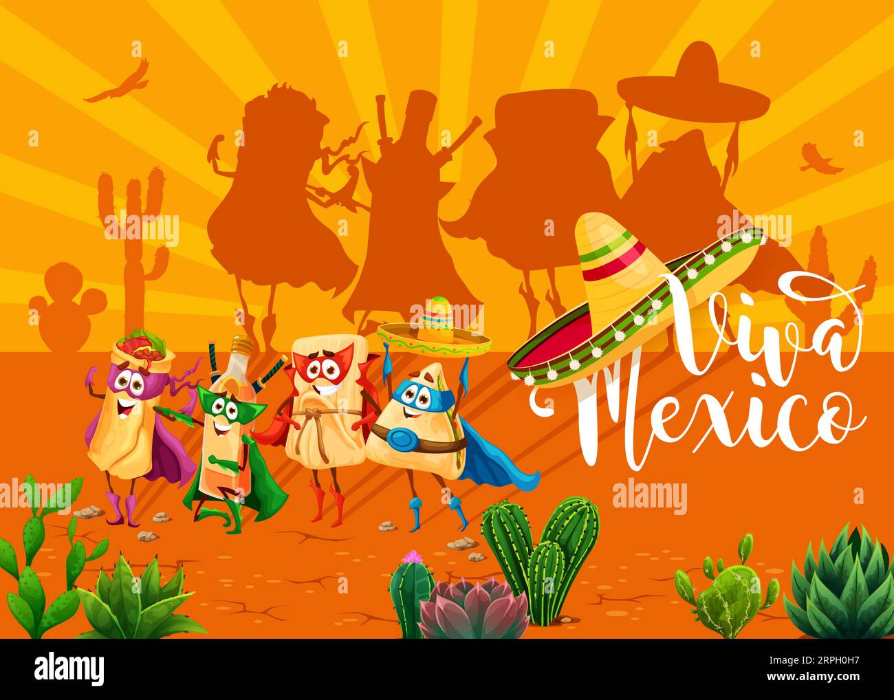Viva Mexico banner with mexican tex mex characters in the desert ...