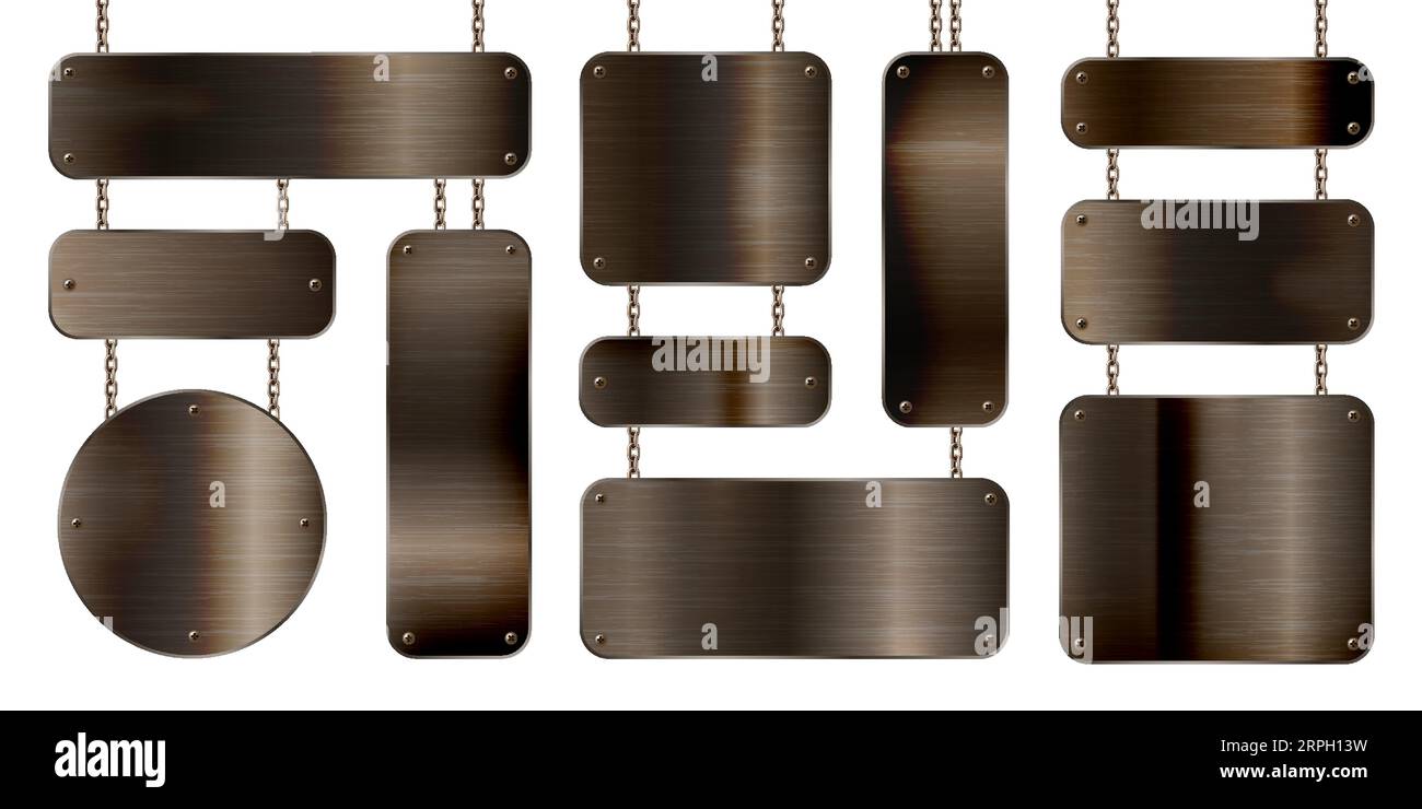 Metal banners hanging on a chain. Realistic shiny steel plate with ...