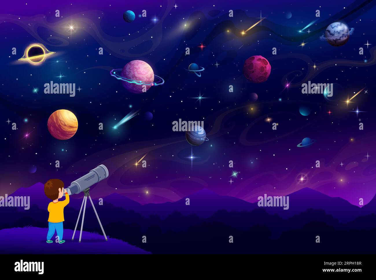 Boy kid looking through a telescope at night sky with cartoon space ...