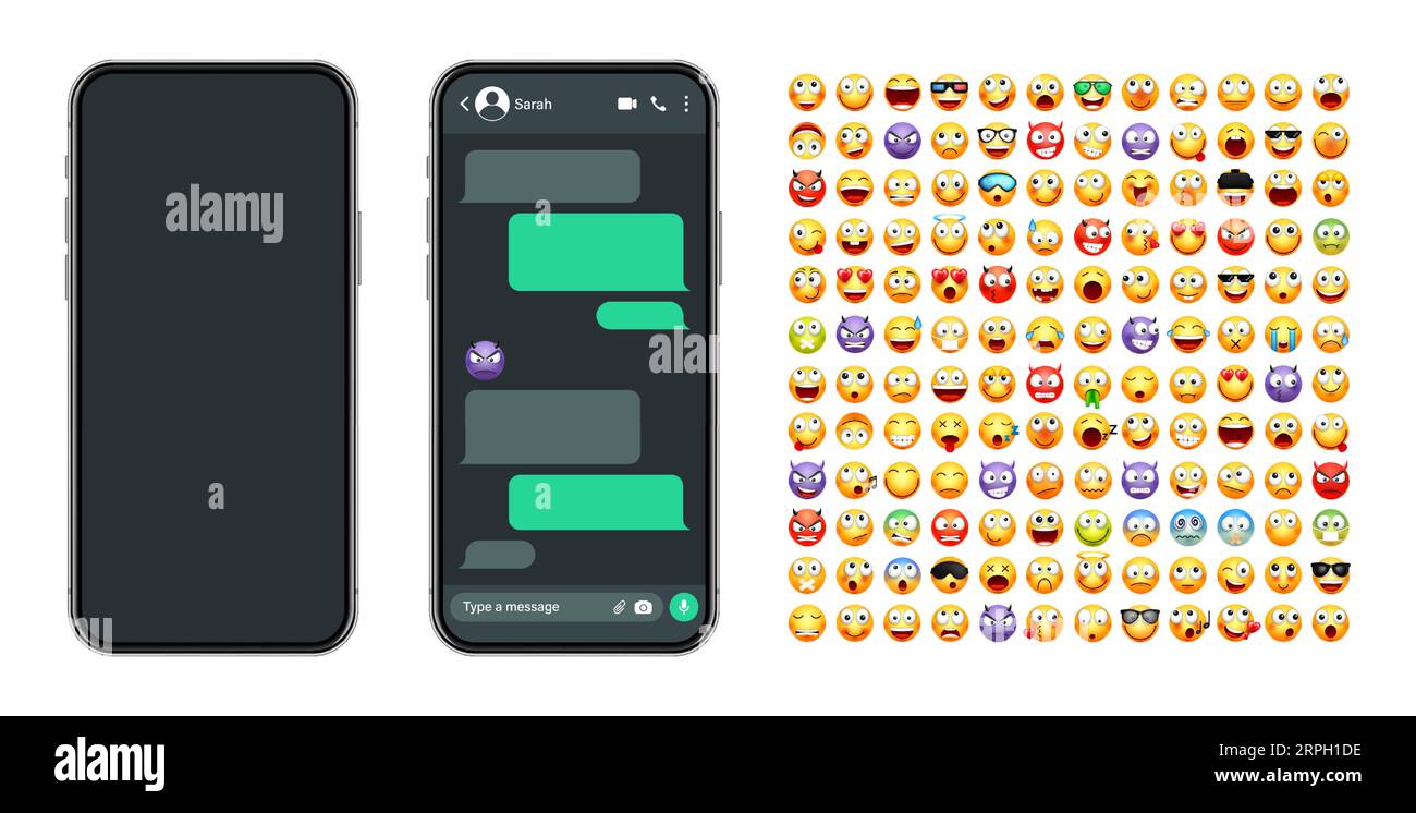 Smartphone messaging app, user interface with emoji. SMS text frame ...