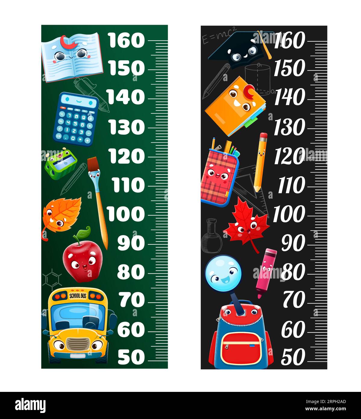 Kids height chart ruler with cartoon school stationery characters on ...